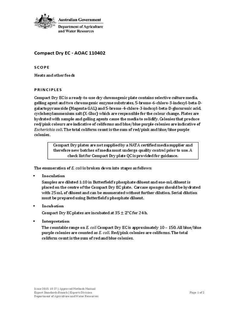 Compact Dry EC - AOAC 110402: Scope | PDF | Colony Forming Unit | Nature