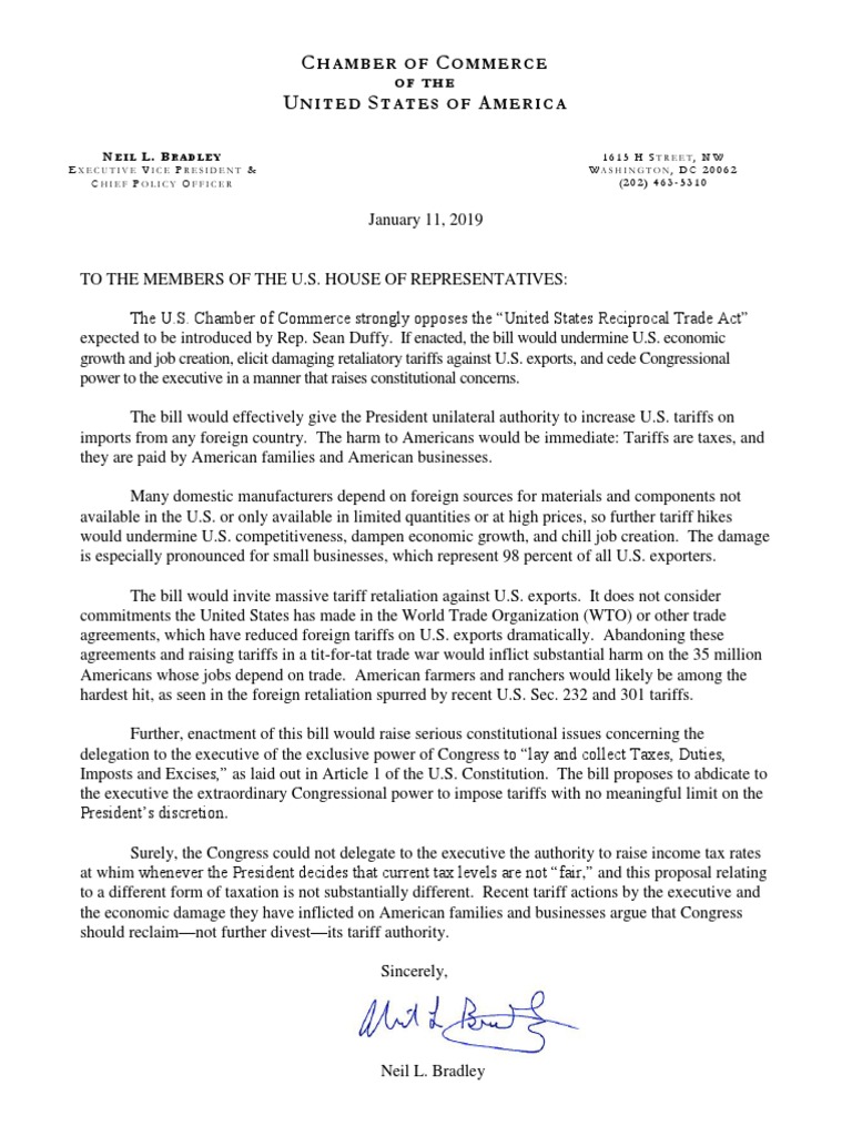 Chamber of Commerce Letter On U.S. Reciprocal Trade Act | PDF | Tariff ...