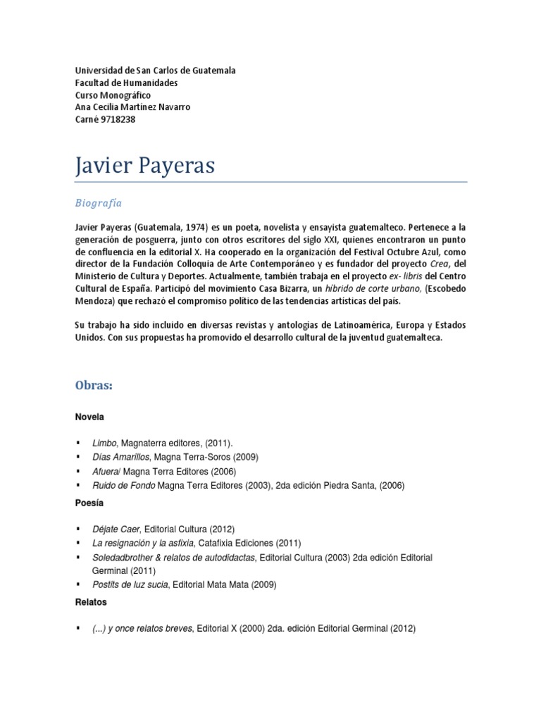 Biografía de Javier Payeras | PDF | Publicación | Guatemala