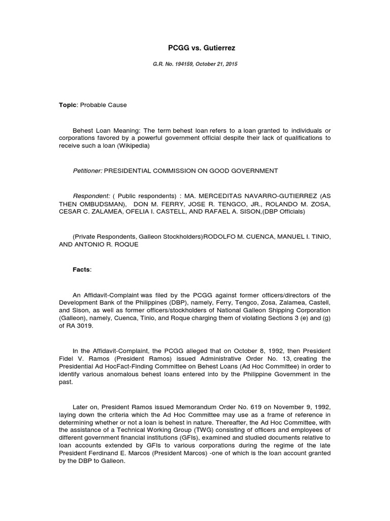 PCGG vs. Gutierrez: Behest Loans Case | PDF | Probable Cause | Indictment