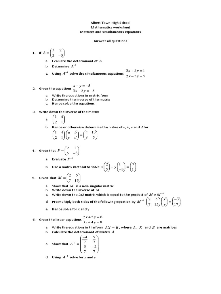 Matrices and Simultaneous Equations | PDF