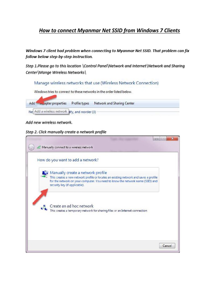 How To Connect Myanmar Net SSID From Windows 7 Clients | PDF