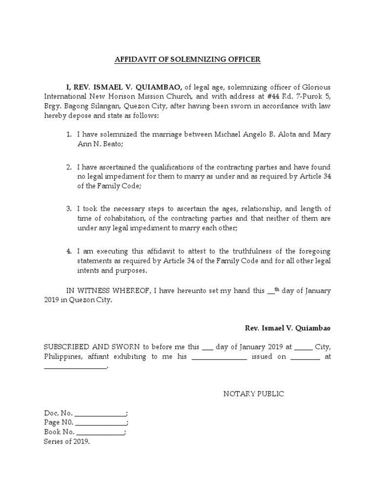 Affidavit Of Solemnizing Officer