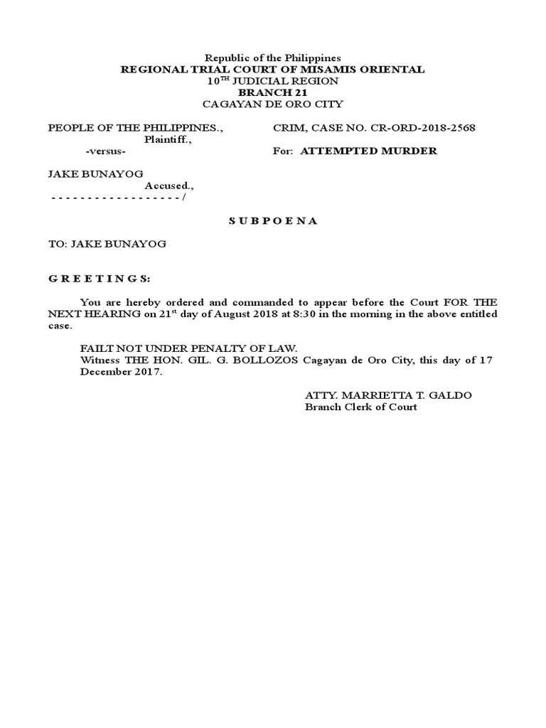 Sample Subpoena For Respondent | PDF