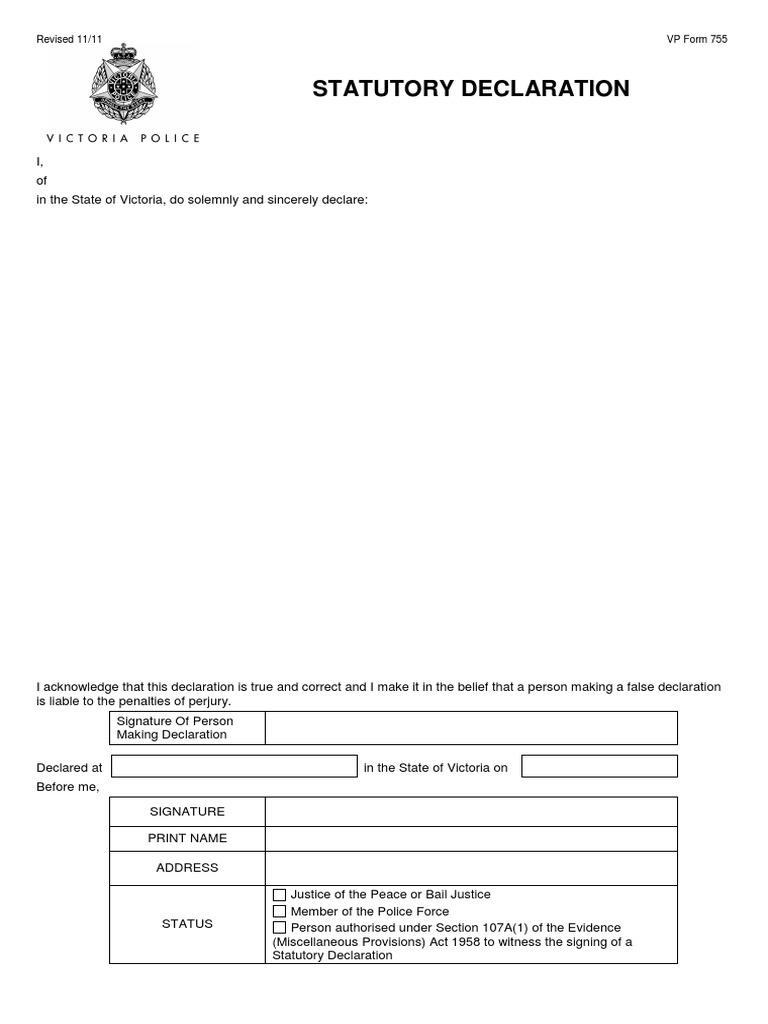 Statutory Declaration: Revised 11/11 VP Form 755 | PDF
