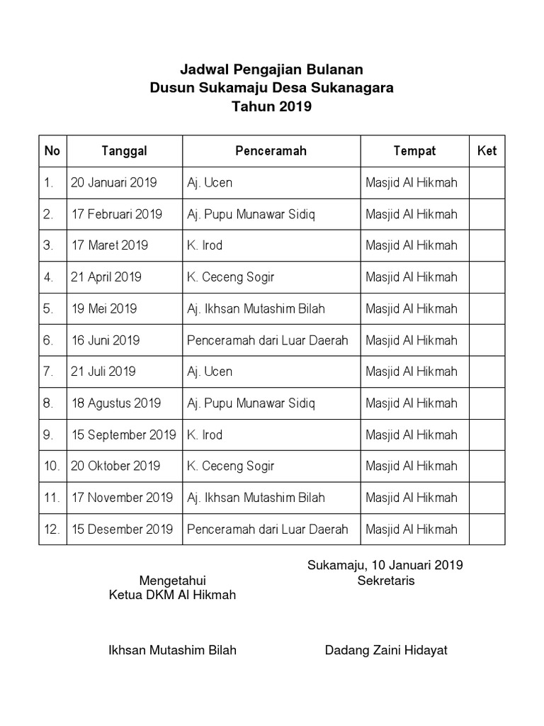 Jadwal Pengajian Bulanan | PDF