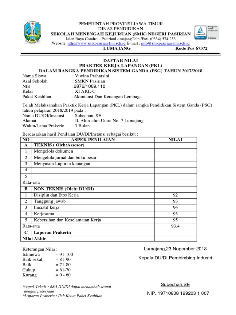 Daftar Nilai PKL | PDF