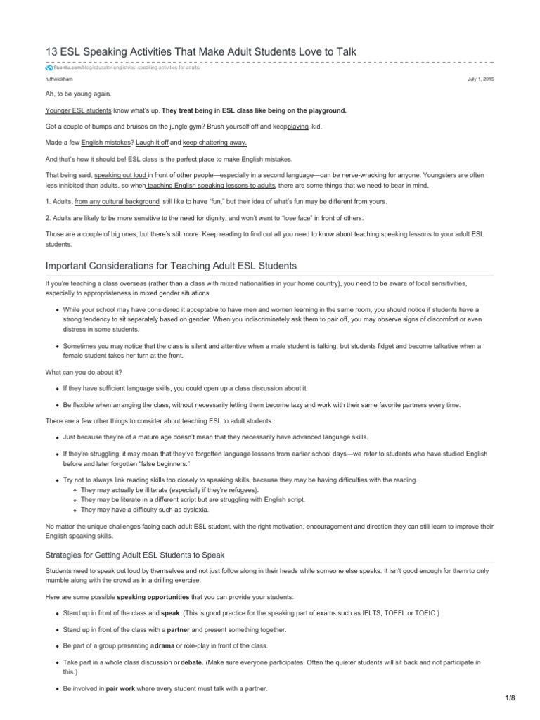 13 Speaking Activities for Adult ESL Students | PDF | English As A ...