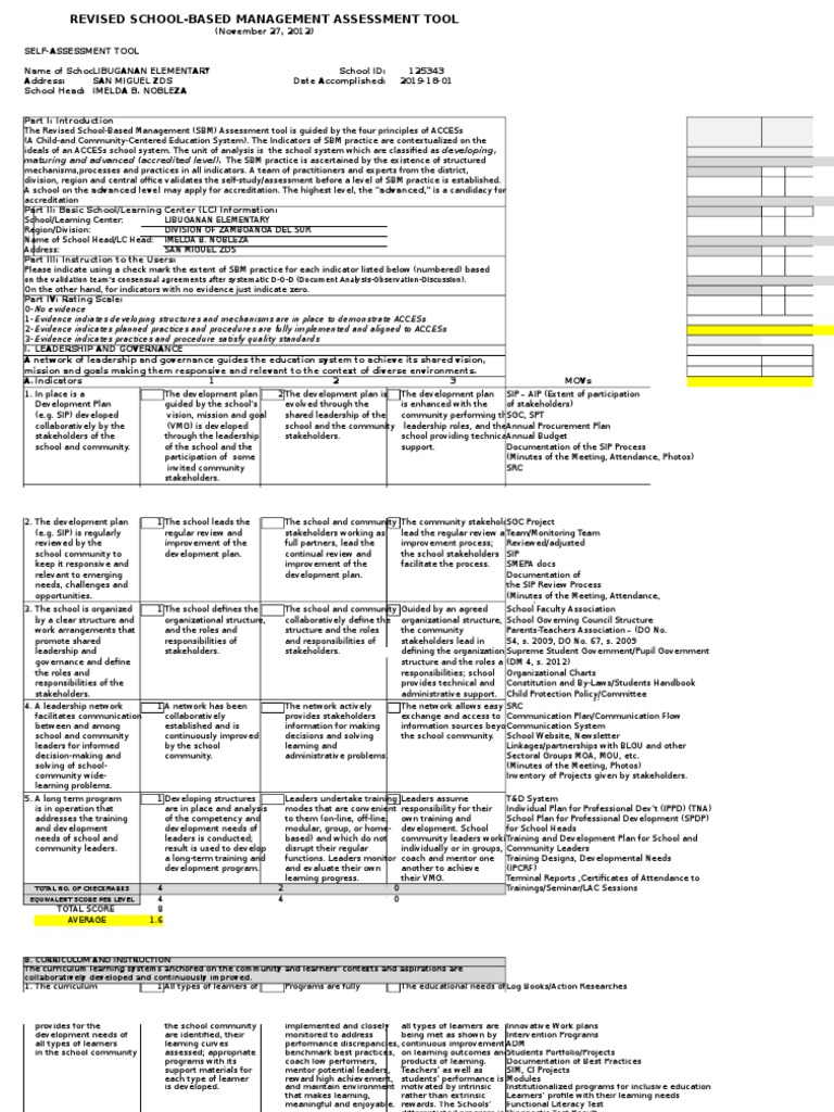 SBM Tool-For Assessment | PDF | Educational Assessment | Learning