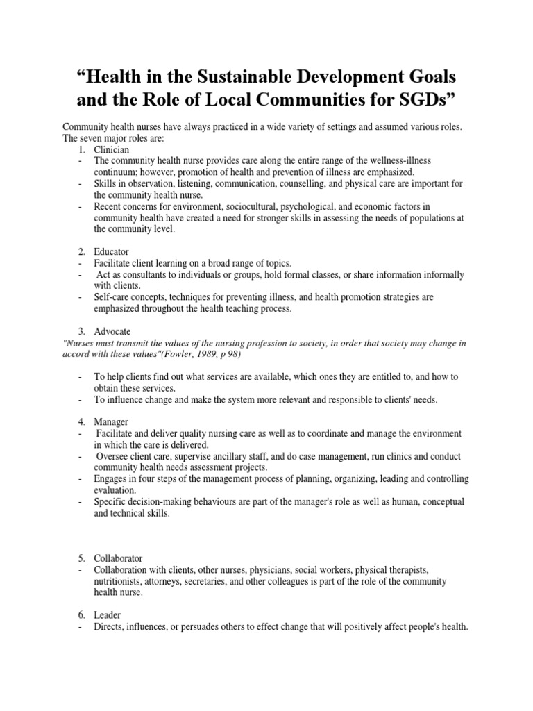 Role of Community Health Nurses in Sustainable Development Goals in ...