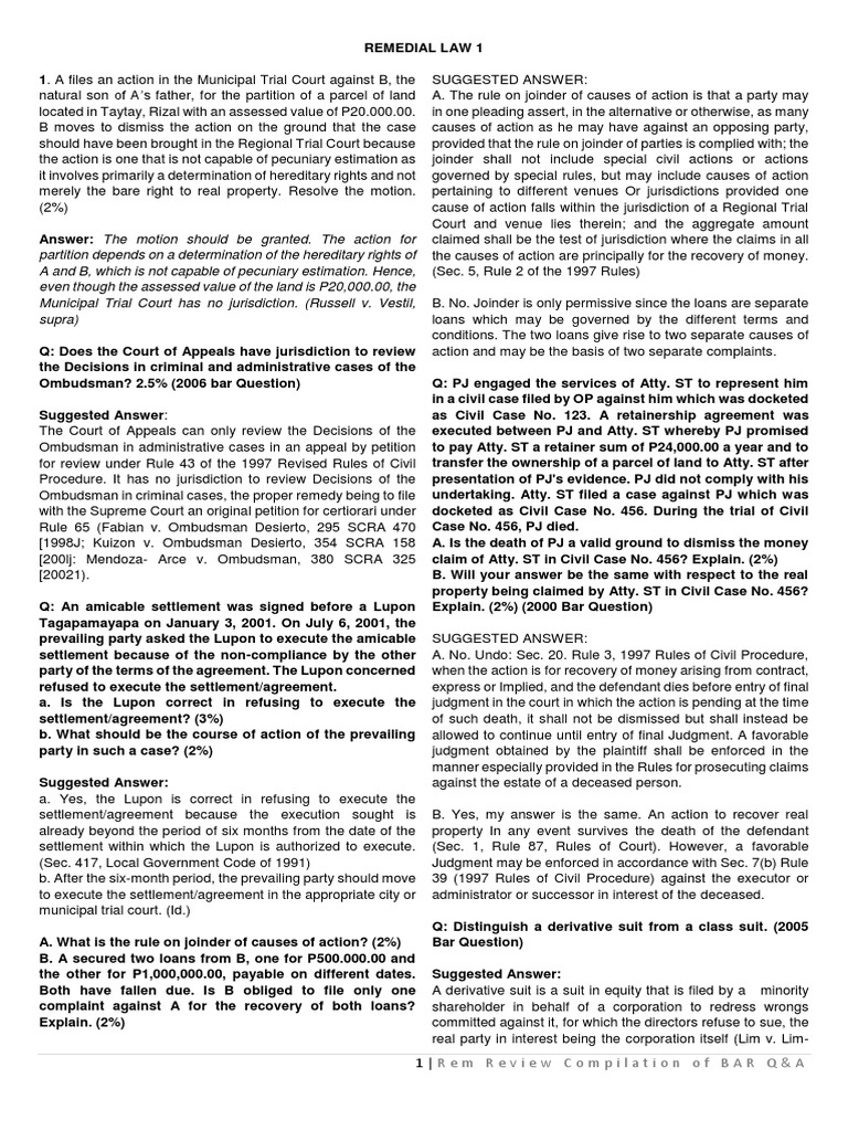 Remedial Law BAR Q&A Compilation | PDF | Lawsuit | Summary Judgment