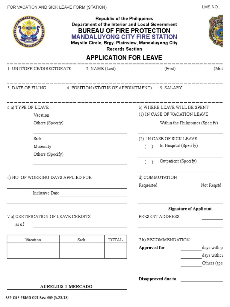 BFP Mandaluyong Leave Application Form | PDF | Emergency Services ...