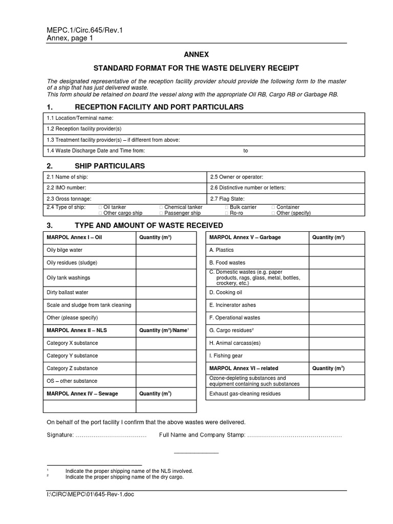 Standard Format for the Waste Delivery Receipt | Water Transport ...