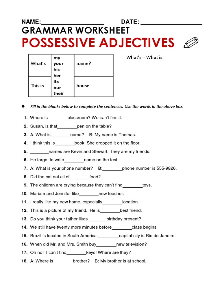 Possessive Adjectives: Grammar Worksheet | PDF