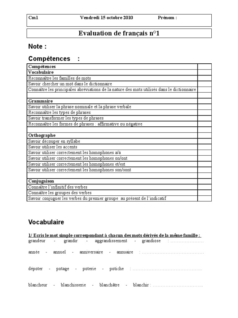 Evaluation de Français cm1 | PDF | Phrase | Verbe