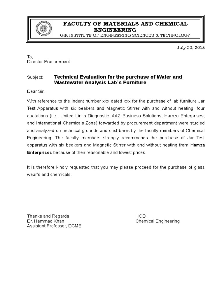 Justification Letter - Lab Furniture | PDF