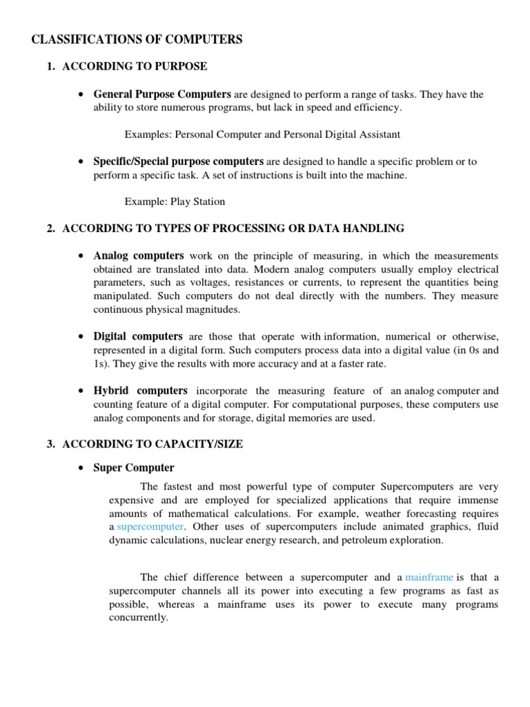 Classifications of Computers: 1. According To Purpose | PDF ...