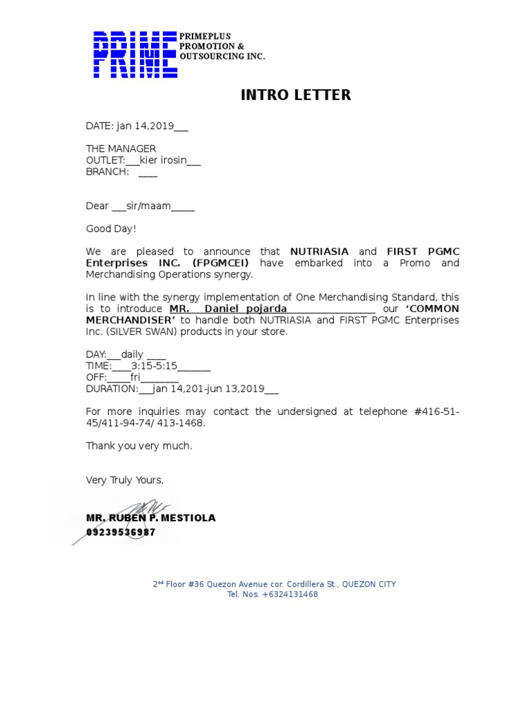 Promo Merchandiser Intro Letter | PDF