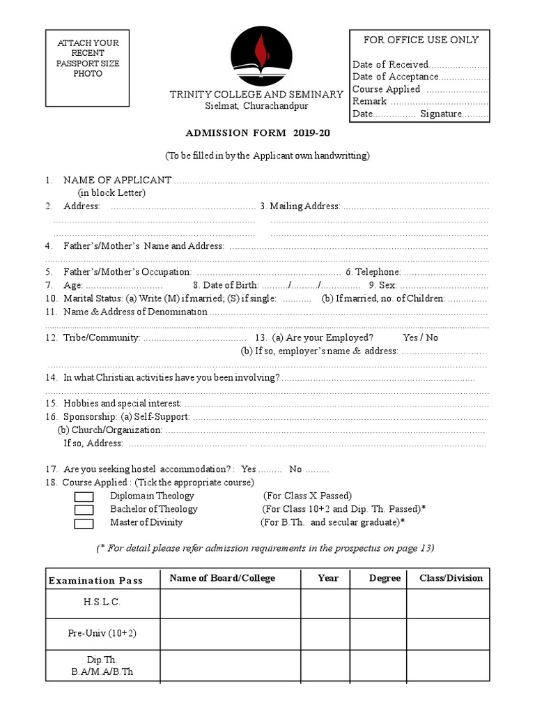 Trinity College and Seminary Admission Form 2019-20 | PDF