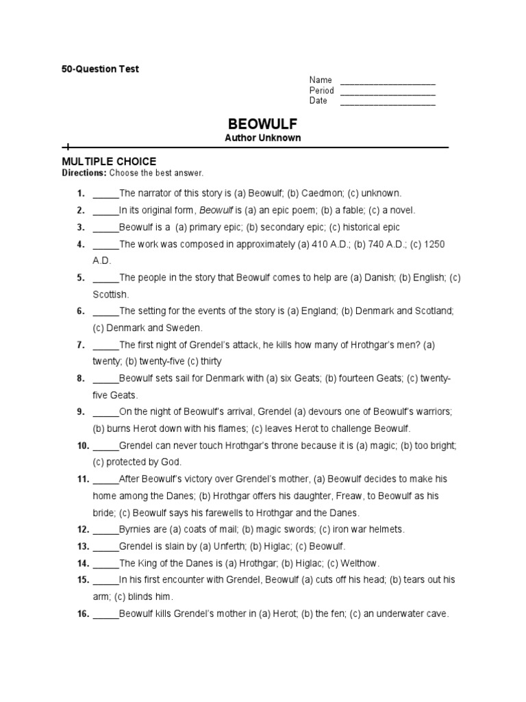 50 Question Test | PDF | Beowulf | English Heroic Legends