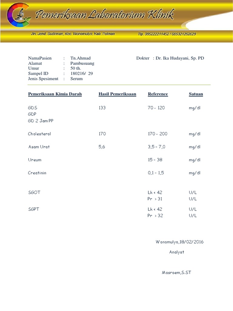 Blanko Hasil Pemeriksaan Kimia Darah | PDF