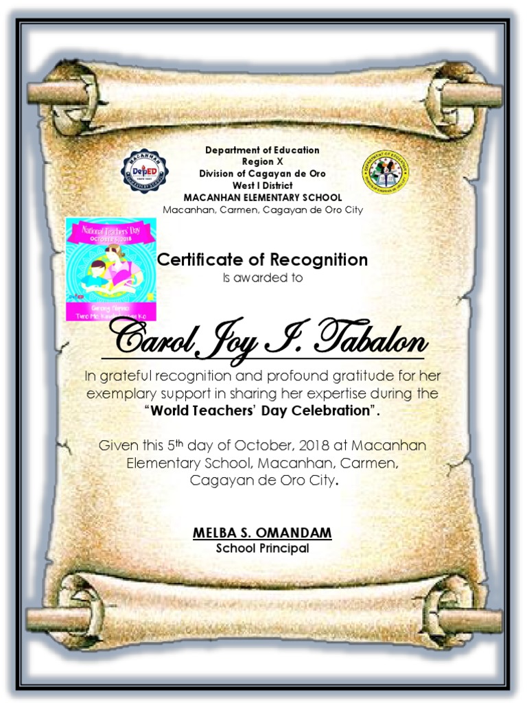 Certificate of Recognition for Teachers Day | PDF