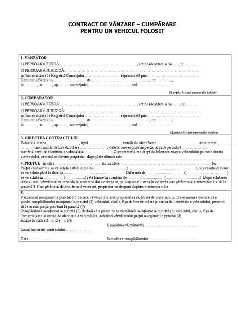 Contract Vanzare Cumparare Auto Rate