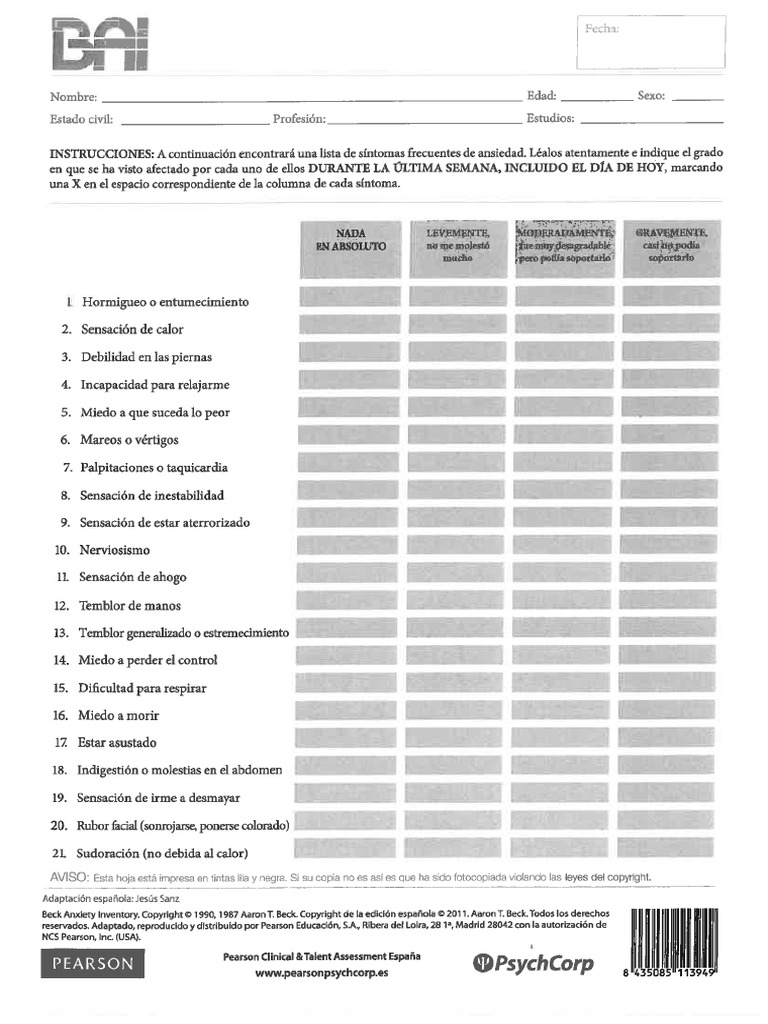 BAI Inventario Ansiedad Beck TEST | PDF