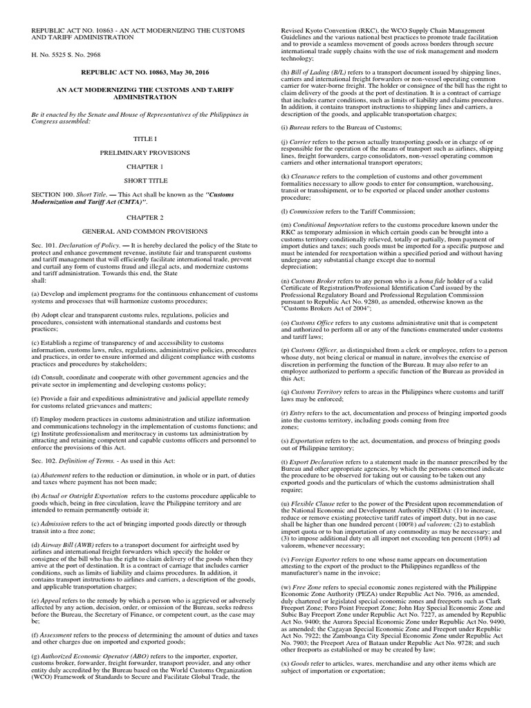R.A. No. 10863 | PDF | Customs | Cargo