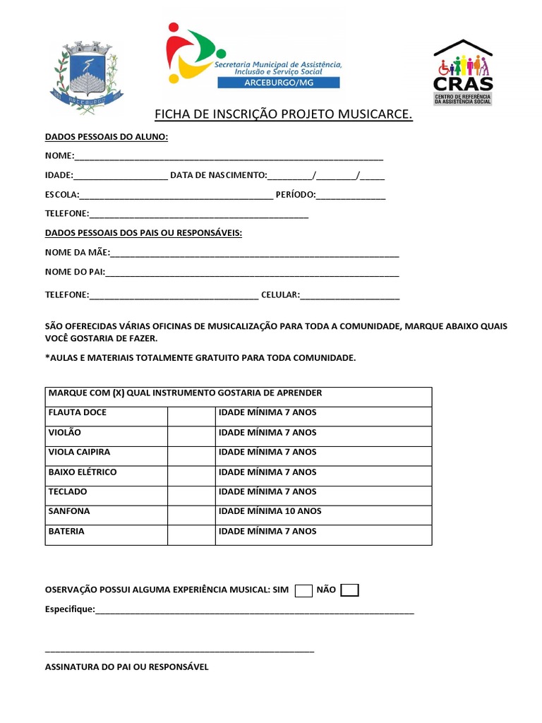 Ficha de Inscrição Projeto Musicarce | PDF