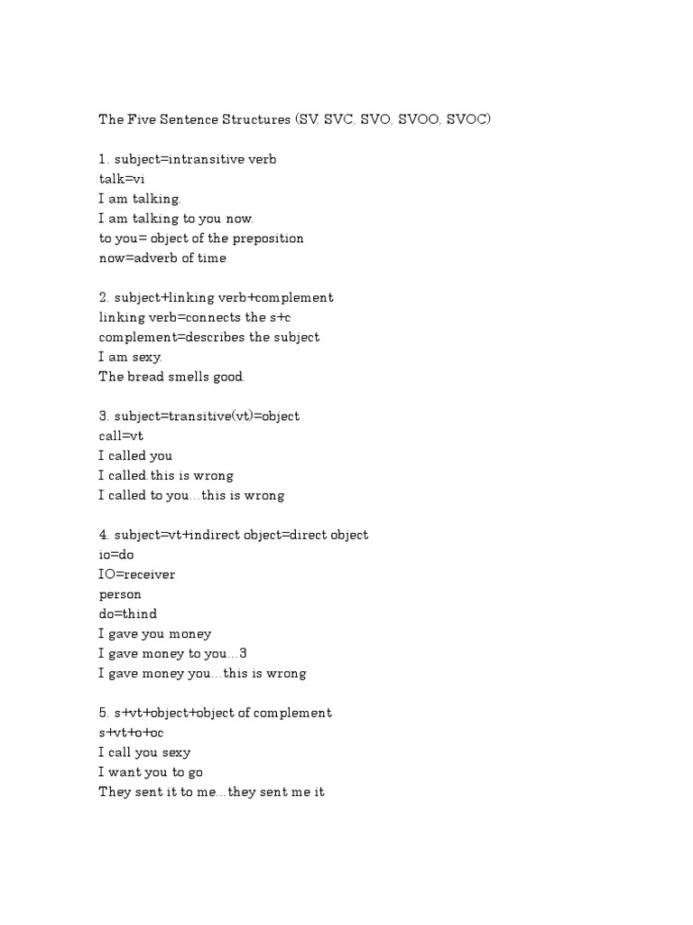 The Five Sentence Structures SV SVC SVO SVOO SVOC PDF | PDF