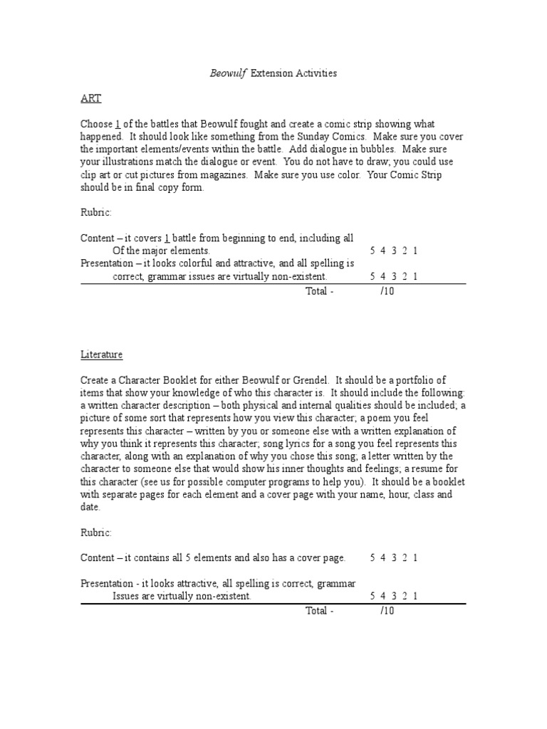 Beowulf Activities for Students | PDF | Beowulf