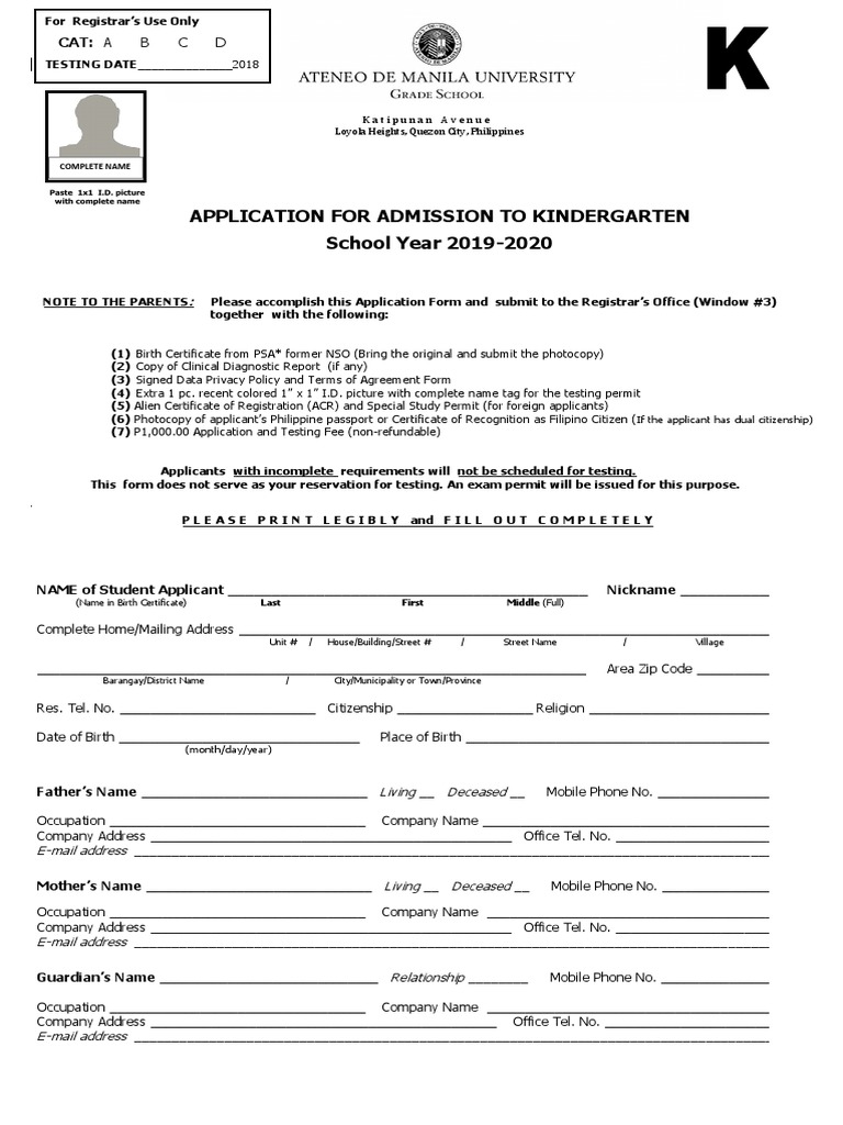 KINDER Application Form SY 2019-2020 | PDF | Birth Certificate ...