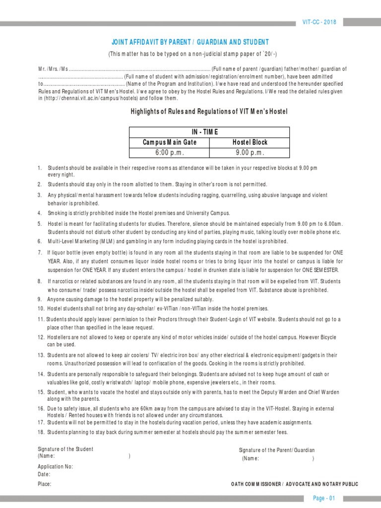 VIT Hostel Joint Affidavit Guidelines | PDF | Government Information | Social Institutions