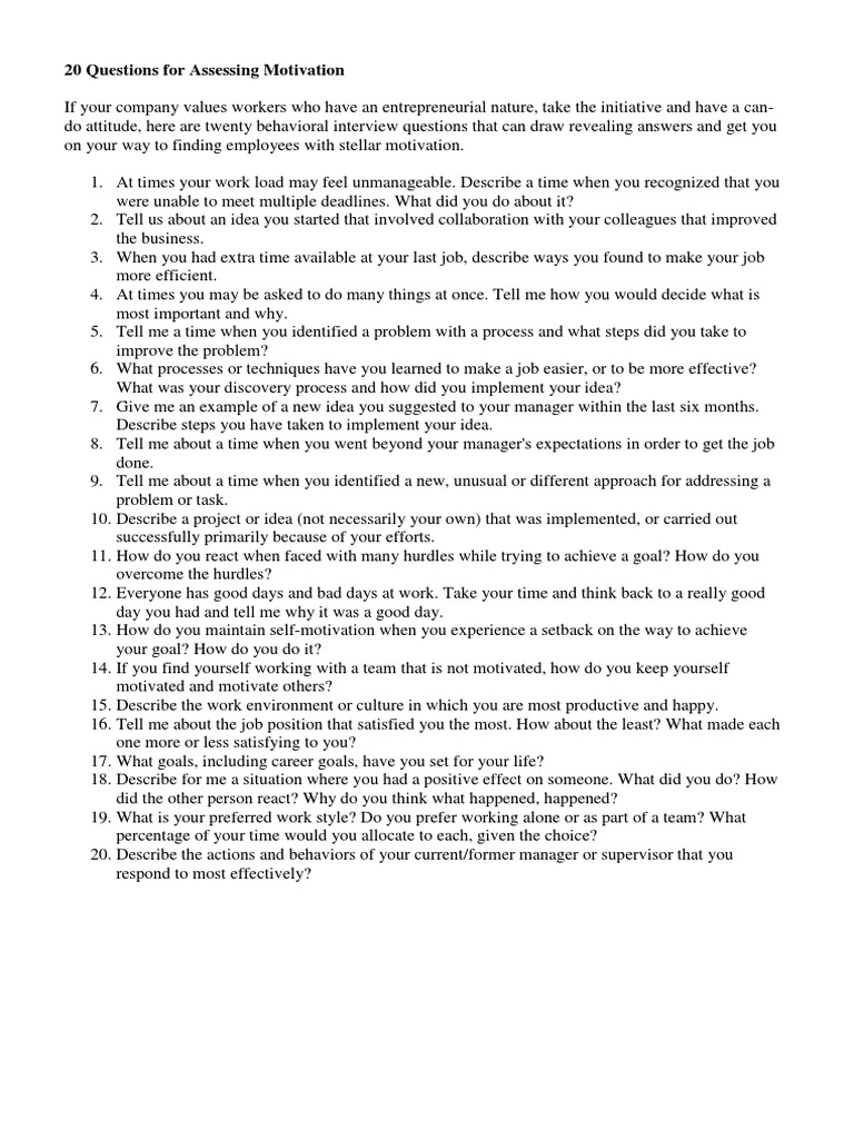 20 Questions For Assessing Motivation | PDF | Motivation | Motivational