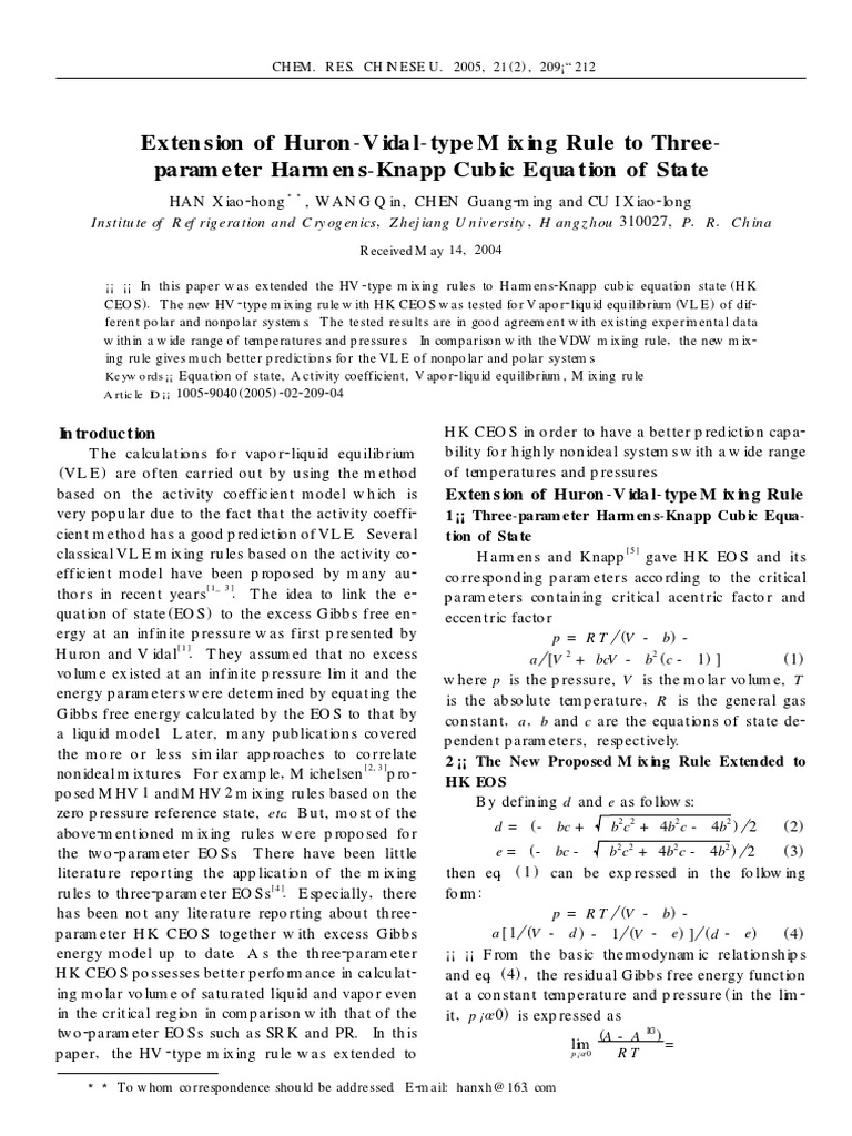 Extension of Huron-Vidal-type Mixing Rule To Three-Parameter Harmens-Knapp Cubic Equation of ...