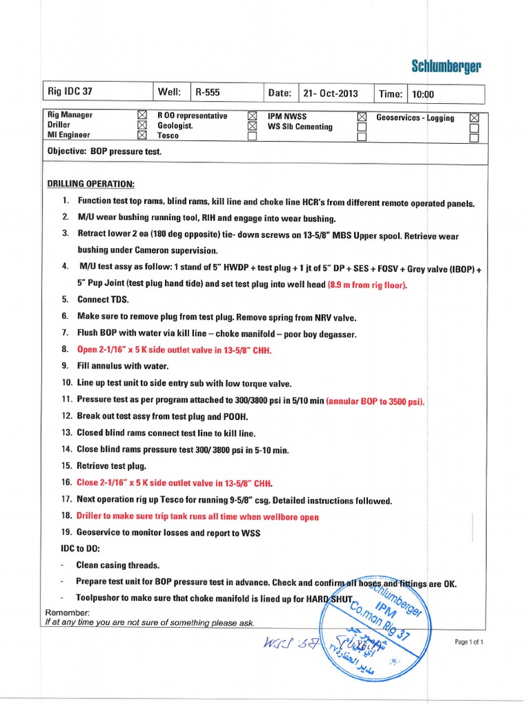 Drillers Istructions 21 Oct 2013 - BOP Pressure Test | PDF