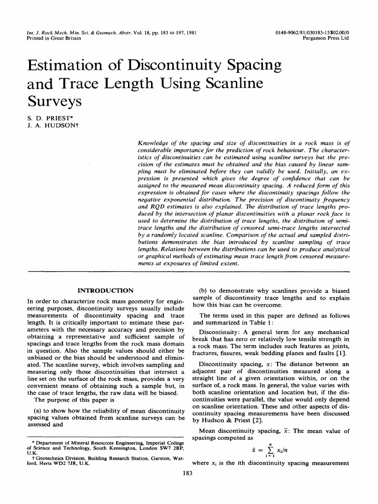 Estimation of Discontinuity Spacing and Trace Length Using Scanline Surveys | PDF | Mean ...