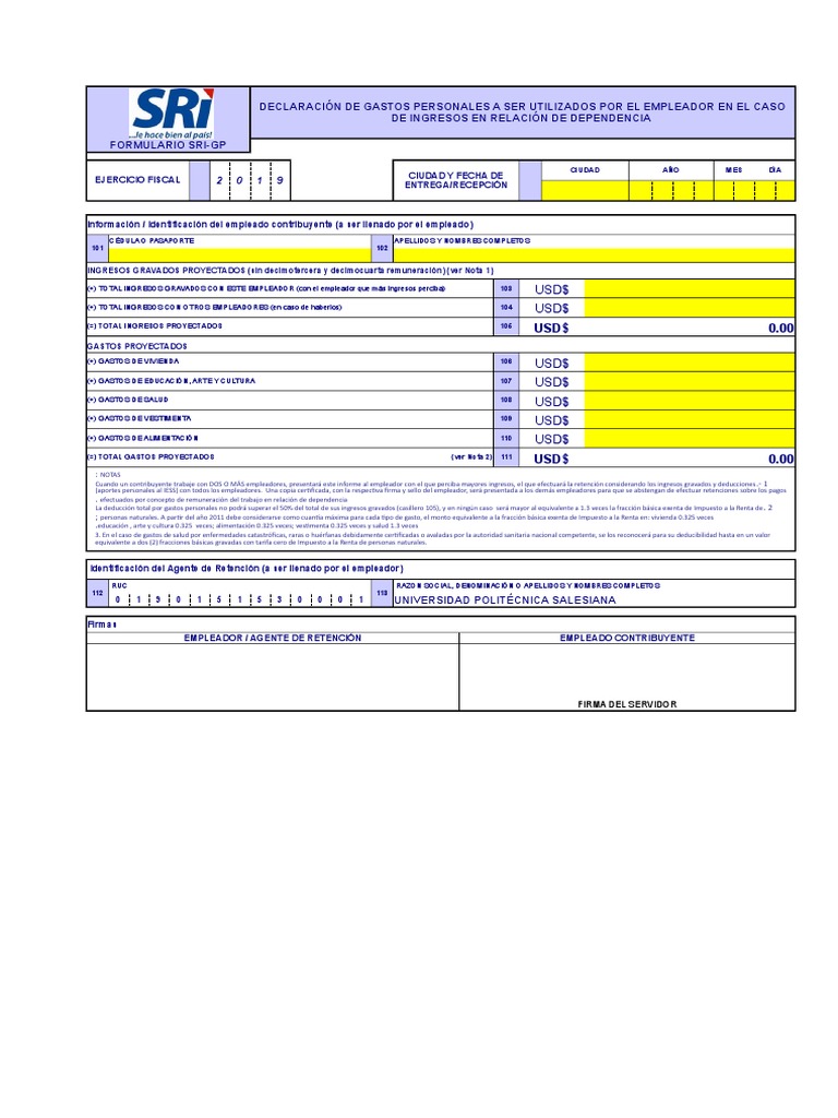 Formulario SRI - GP - 2019 | PDF | Impuesto sobre la renta | Impuestos