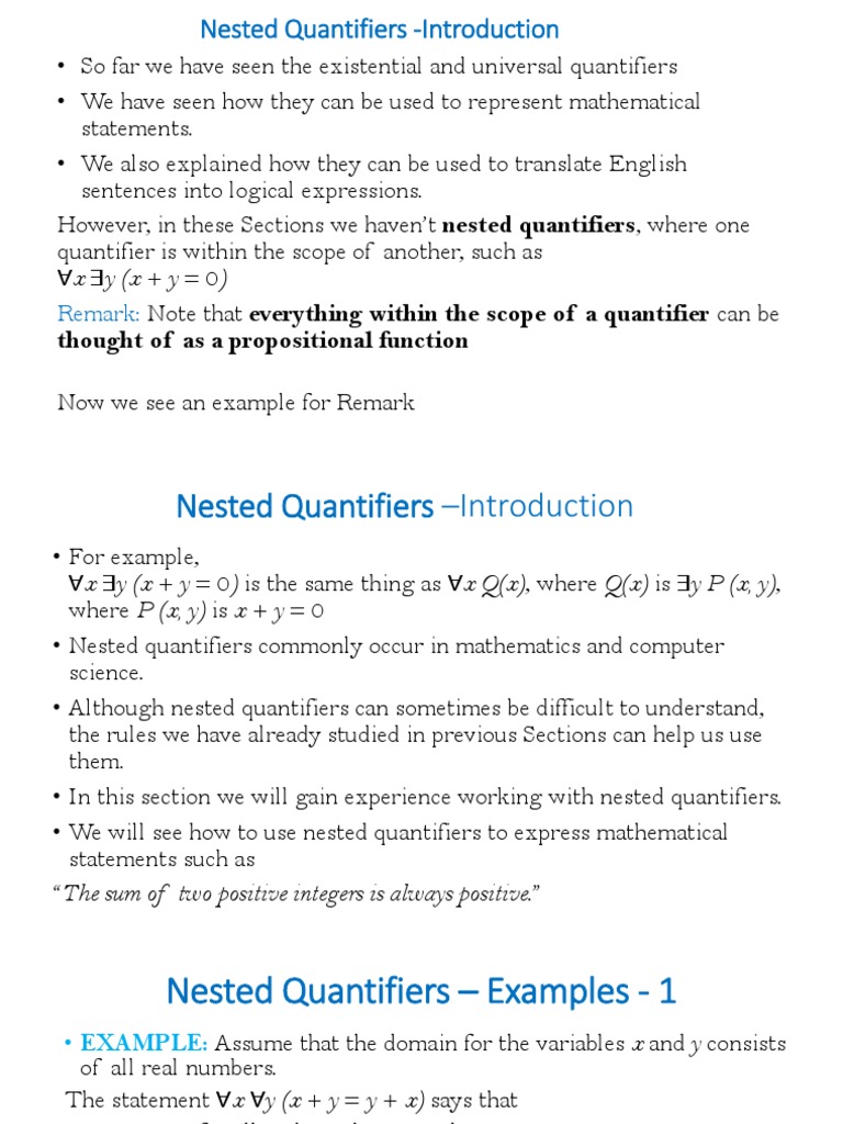 Nested Quantifiers - Introduction: X y (X+y 0) | PDF | Mathematical Logic | Mathematical Concepts
