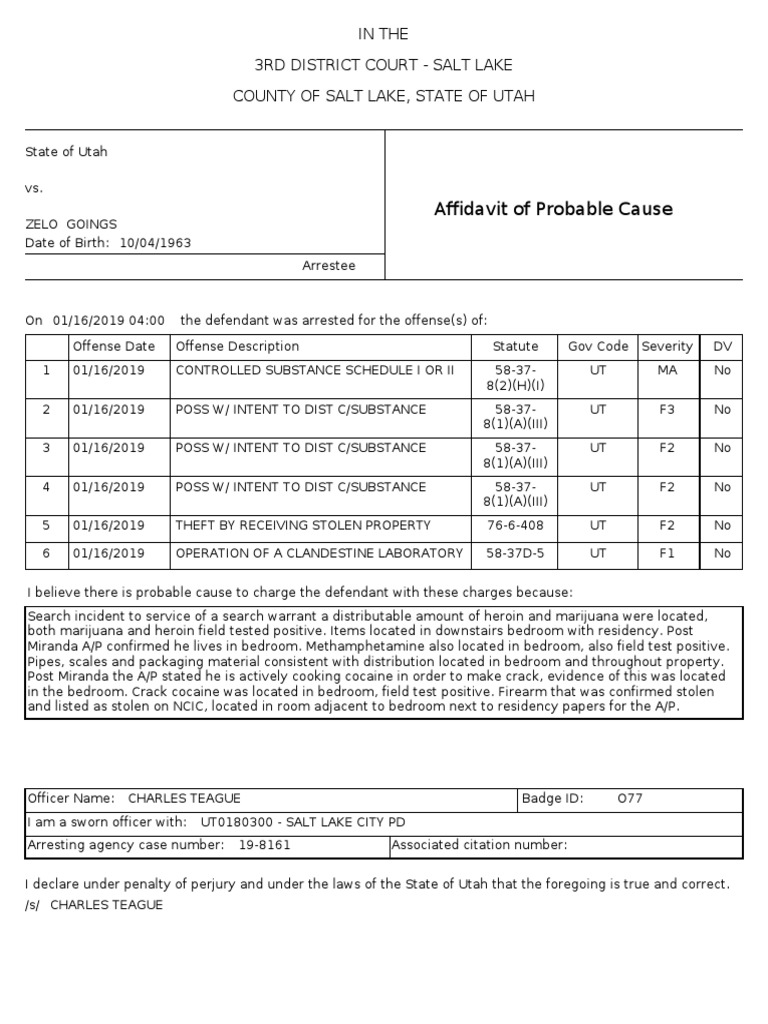 Zelo Goings PC Statement | PDF | Theft | Arrest