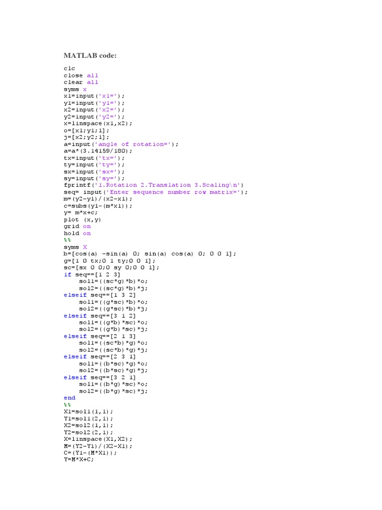 MATLAB Code:: All All X 'x1 ' 'Y1 ' 'x2 ' 'Y2 ' | PDF | Teaching ...