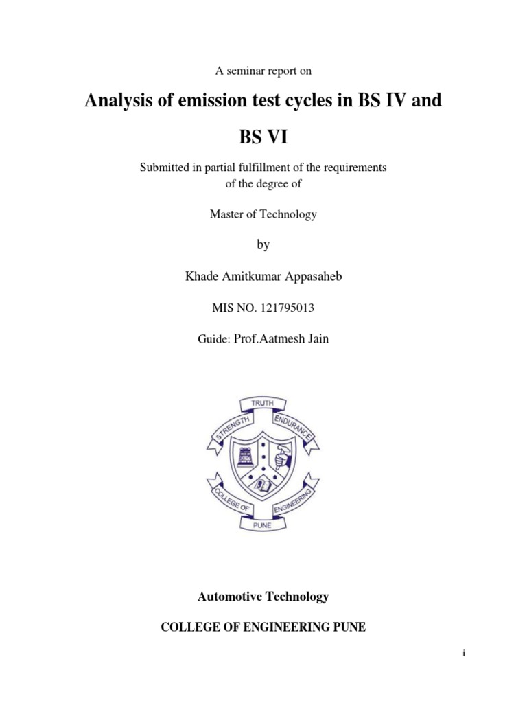 Analysis of Emission Test Cycles in BS IV and Bs Vi: A Seminar Report ...