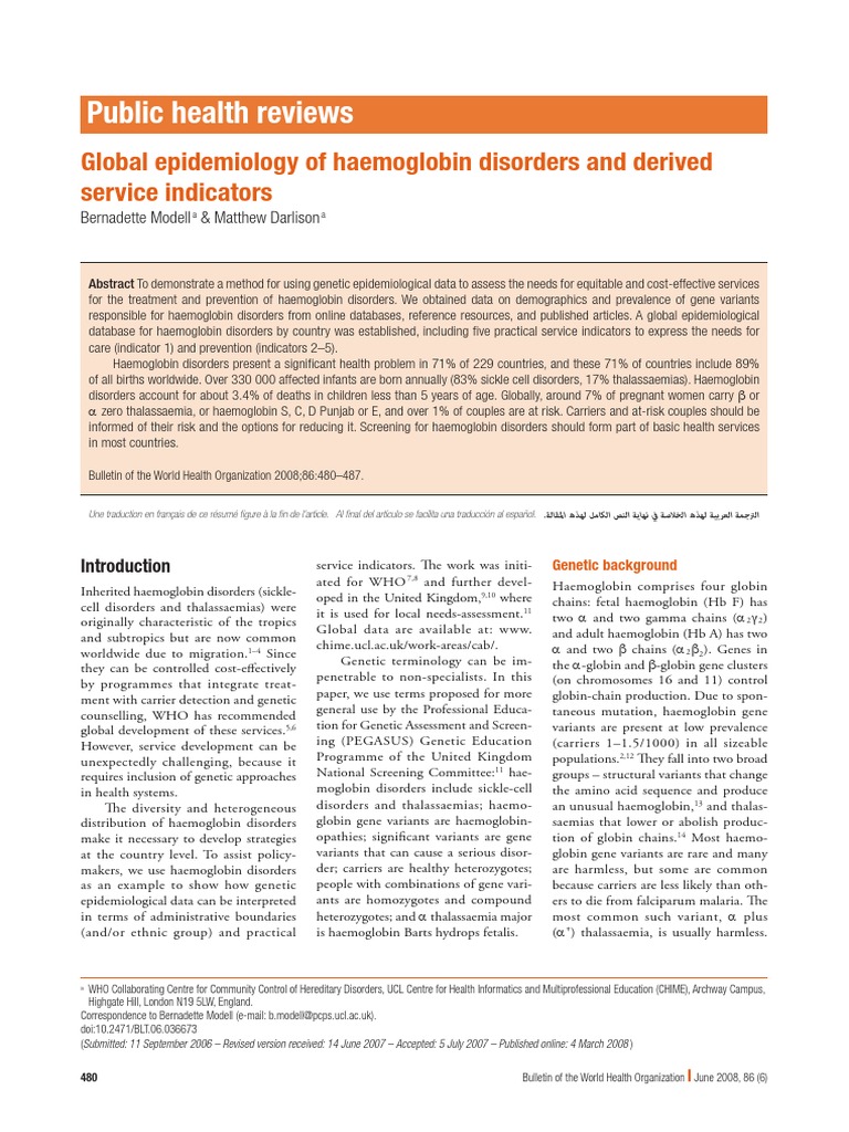 Public Health Reviews: Global Epidemiology of Haemoglobin Disorders and ...