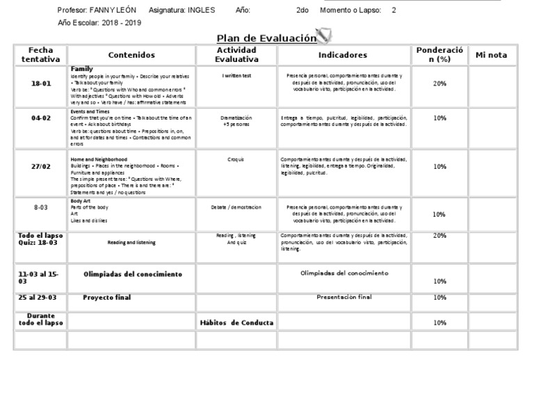 Plan de Evaluación Ingles 2do Año. 2do Lapso | Mecánica del lenguaje | Filología