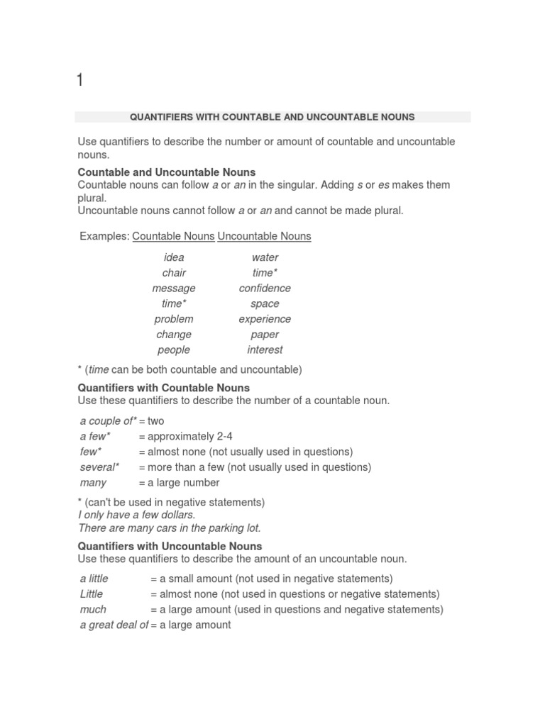Quantifiers With Countable and Uncountable Nouns | PDF | Grammatical Number | Sentence (Linguistics)