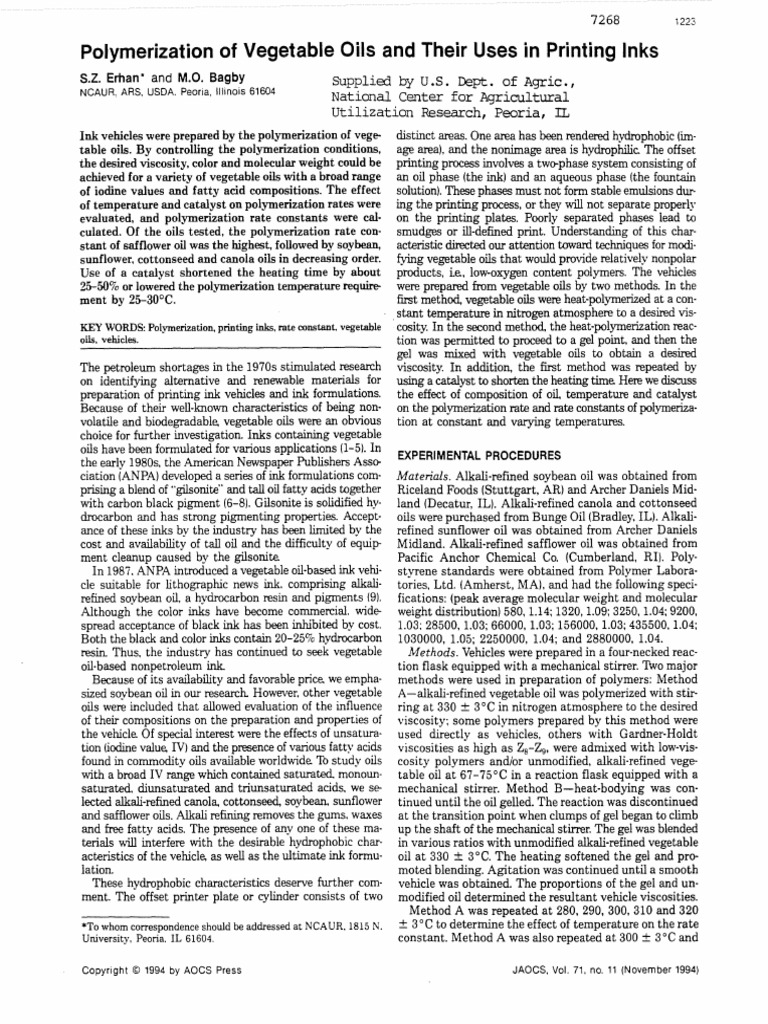 Polymerization of Vegetable Oils and Their Uses in Printing Inks | PDF ...