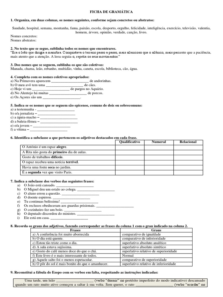 Ficha de Gramática para 7º Ano | PDF | Linguística