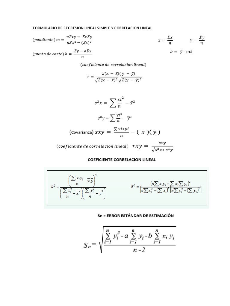 Formulario de Regresion Lineal Simple y Correlacion Lineal | PDF