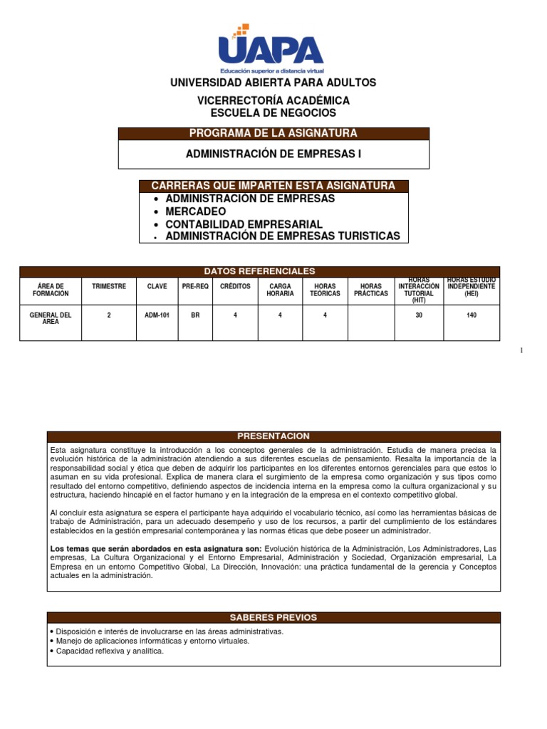 Programa de Administracion de Empresas I Versión Final 23 Mayo 18 | PDF ...